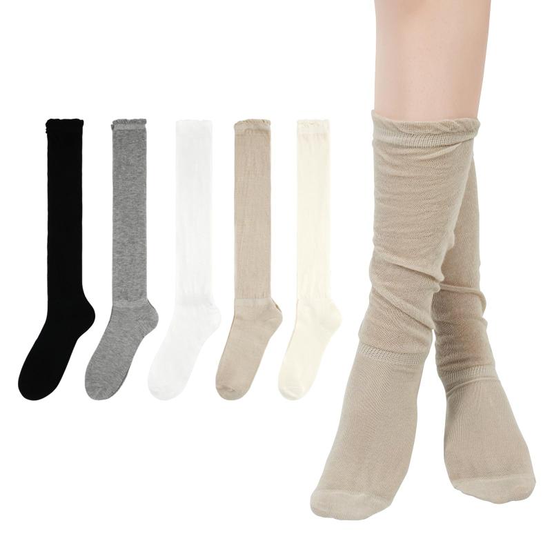 [DAMILY] ハイソックス レディース 靴下 春夏秋 綿 ストキングソックス 膝下 婦人靴下 ゆったり おしゃれ ふくらはぎ靴下 女性 通気 通勤通学 cosplayや制服用 夏くつした 3足/5足セット 冷房対【春夏用 蒸れないハイソ...