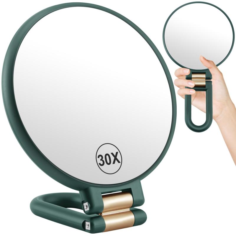 LunarCorky 手鏡 30倍と等倍拡大鏡 折りたたみ 両面化粧鏡 ハンドル付き卓上ミラー 持ち運び便利 コンパクト 旅行用 円形（ホワイト）
