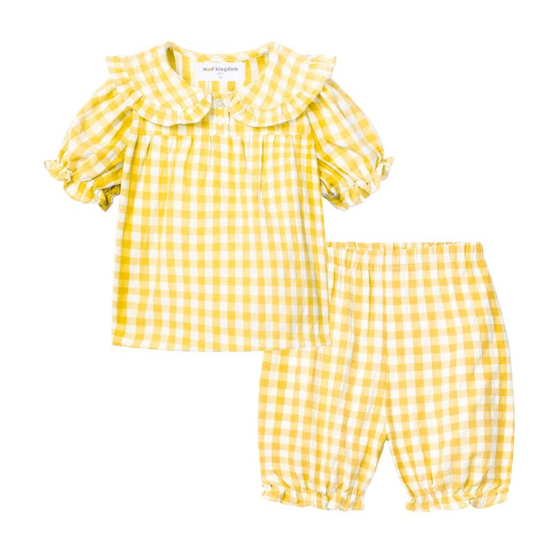 [LSMUDKINGDOM] 夏 パジャマ キッズ 半袖 チェック 襟付き ルームウェア 部屋着 上下セット 子供服 女の子【夏用パジャマ】オシャレな半袖とショートパンツのパジャマセットが登場【アクセント】子供の可愛さを演出するフリル襟付き...