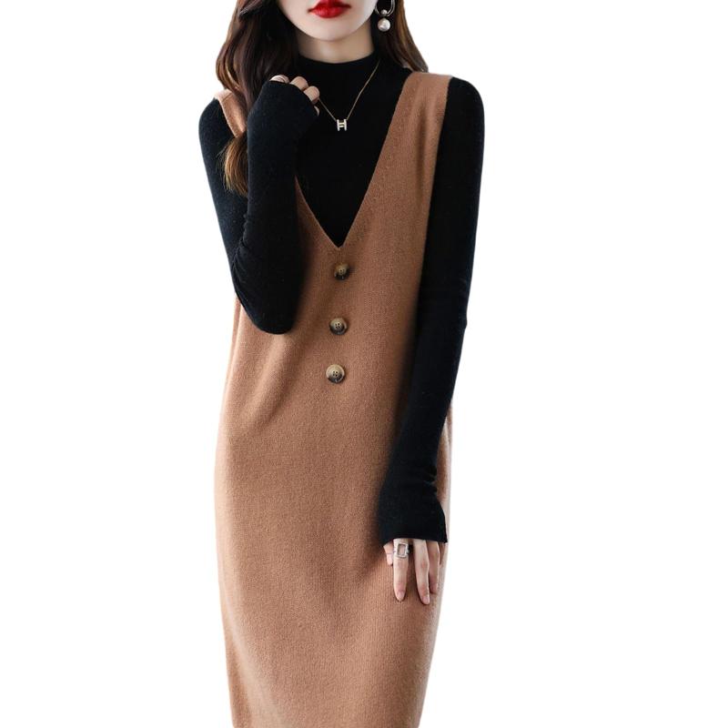 [Grcemlvfe] ニットベストワンピース レディース 秋冬 ロングワンピース ワンピ ノースリーブドレスワンピース プリーツ 保温 体型カバー 可愛い 着痩せ 長袖 通勤