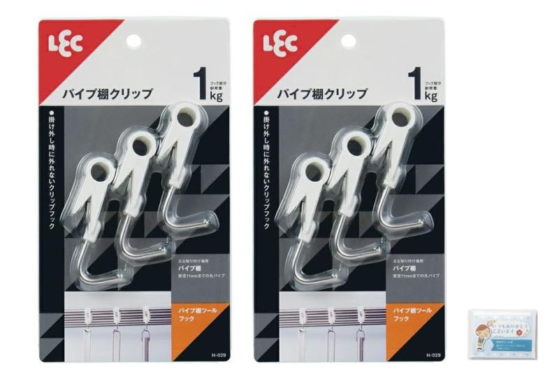 【セット】パイプ棚フック丸パイプ ホワイト 3個入り H-029 （クリップ）×2個 + おまけ付き（ポケットティッシュ）取り付けられる場所：直径11mmまでのパイプ材質：クリップ=スチロール樹脂、フック=ステンレス鋼線数量：6個（3個入×...