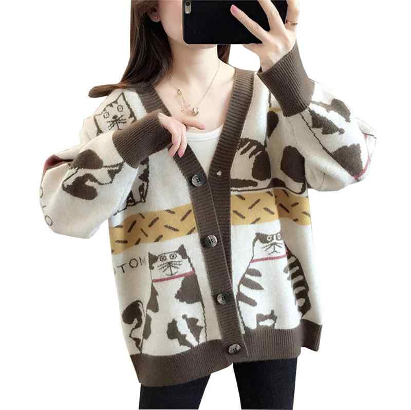 [KARZUKI] カーディガン レディース ニット 可愛い セーター Vネック 長袖 ゆったり 大きいサイズ カラフル 猫柄 ポケット スクールカーディガン ガールズ 学生 学院風 春秋冬 トップス素材：80％ポリエステル+20％スパンデ...