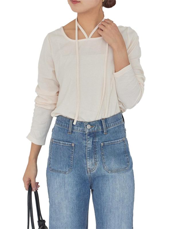 [ティティベイト] チョーカーデザイン リブ トップス AFXT0344 レディース[原産国]:中国【S】着丈:56、肩幅:30、袖丈:62、アームホール:39、バスト:88、裾幅:42 【M】着丈:58、肩幅:32、袖丈:63、アームホー...