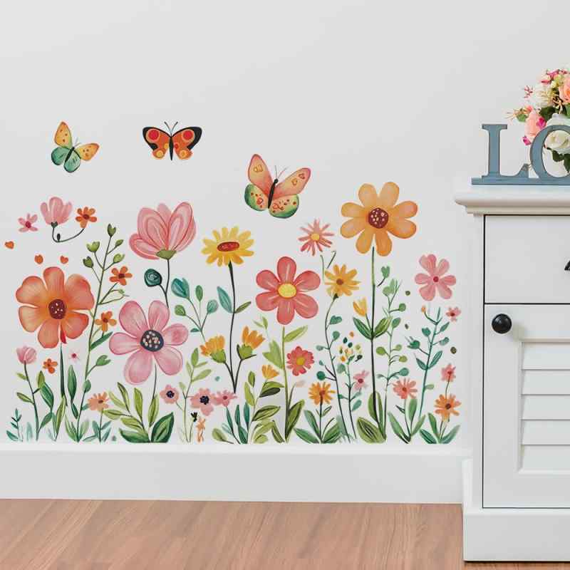 ウォールステッカー 花と蝶の壁デカール 水彩風 子供部屋 寝室用 保育園 ステッカー 装飾用 ウォールシール 剥がせる 壁紙シール インテリア 壁装飾デザイン: 水彩画風の花と蝶が描かれた、明るく可愛らしいウォールステッカー。ピンク、オレン...