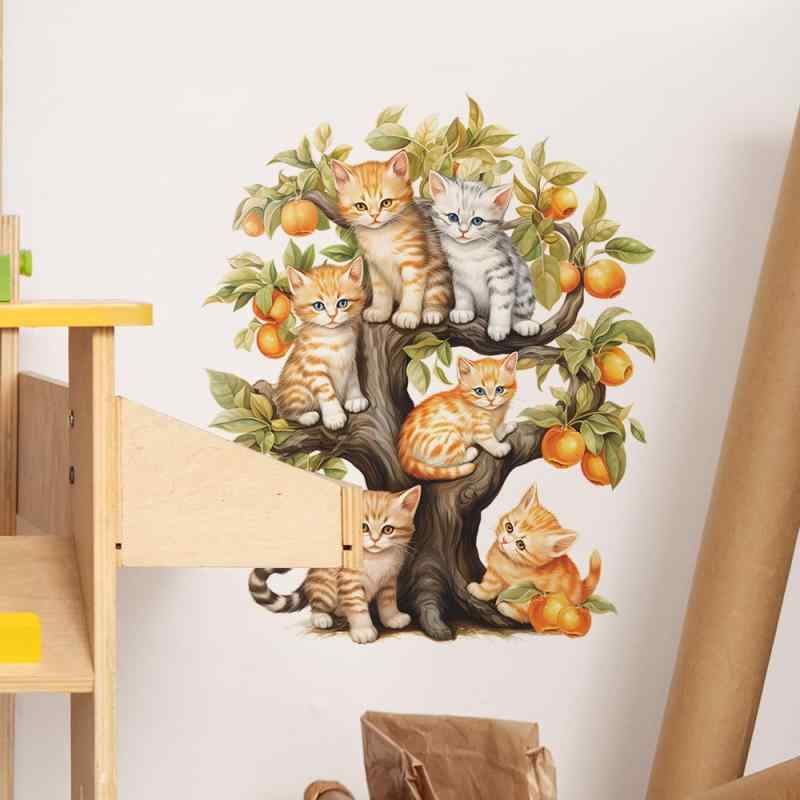 ウォールステッカー 子猫と柑橘の木 かわいい 壁紙シール 壁用デカール 壁飾り 部屋 寝室用 ステッカー 装飾用 ウォールシール 剥がせる 壁紙シール インテリア 壁装飾 シールデザイン: オレンジの実をつけた木と可愛い子猫たちが描かれた、...