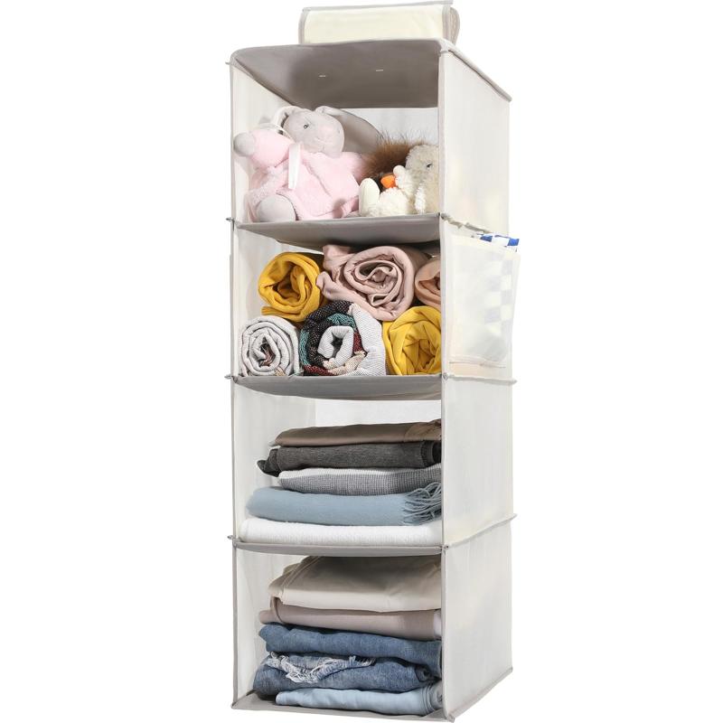 YRCBEHFU 吊り下げ収納 4段 衣類ラック クローゼット 収納吊り下げ 【最新竹製天然版】大容量 帽子/鞄 収納ラック 取付簡単 折り畳み式 旅行/出張 30x30x80cm(ベージュ、4段)【通気性良いエコ素材】健康な不織布を採用し...