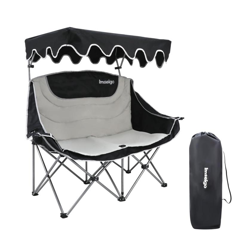 Imseigo 調節可能なシェードキャノピーポータブル折りたたみloveseatソファ、屋外の芝生の裏庭のための2人のソフトパッド入りの椅子のバック収納袋とimseigoダブルキャンプチェア【サンシェードキャノピーデザイン】2人用のキャンプ...