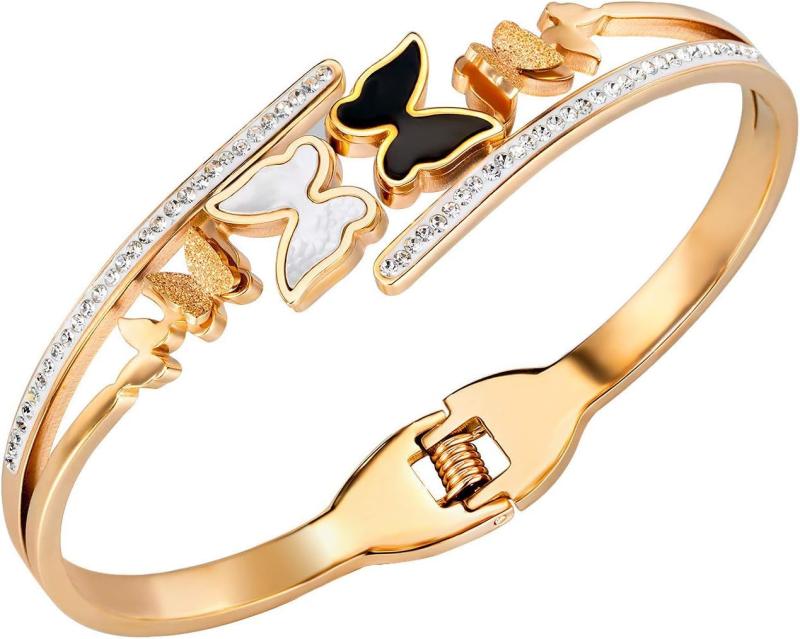 ブレスレット レディース ピンクゴールド 18kメッキ ジルコニア チタン製ブレスレット かわいい 蝶バングル キラキラ おしゃれ 女性