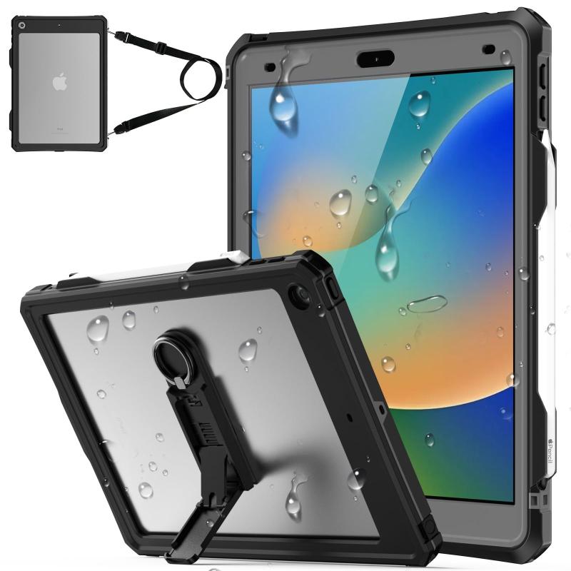TMACJUMP iPad 10.2 ケース 第9世代／第8世代／第7世代 10.2インチ 対応 IP68 完全防水 防塵 耐衝撃 ペン収納 保護フィルム一体型 Touch ID対応 キックスタンド ショルダーストラップ付き お風呂・キッ✅...