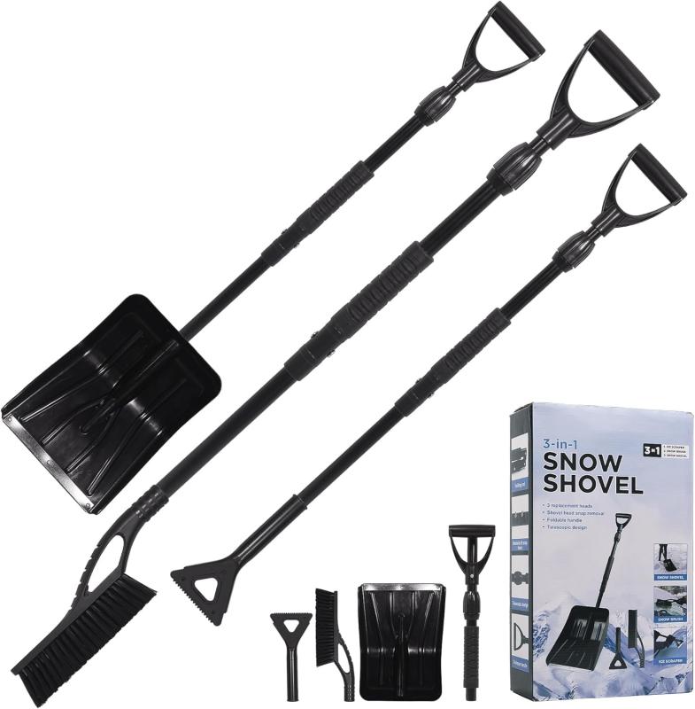 Deecam 3イン1 伸縮式スノーショベル、360度回転ヘッド付き、車用除雪ブラシ/アイススクレーパー/シャベル、車・トラック・SUV用