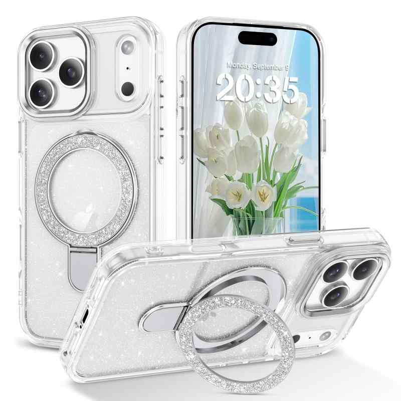 Telaso iPhone 17 pro max ケース スタンド キラキラ ワイヤレス充電対応 落下防止 擦り傷防止 いphone17 pro maxケース 6.9インチ 透明 薄型 軽量 耐衝撃 指紋防止 レンズ保護 カバー クリア【対...