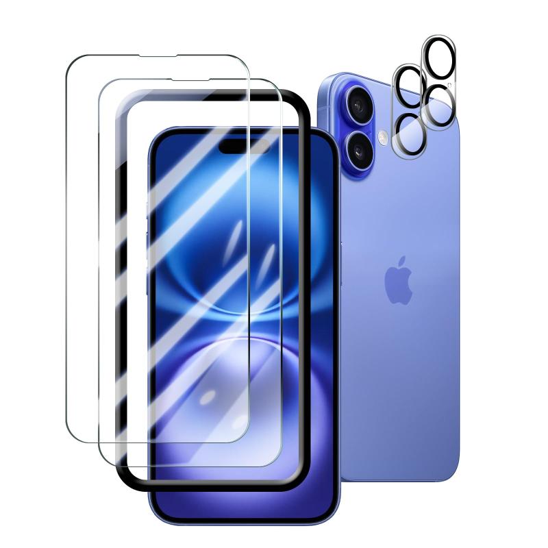 SUJASEN ガラスフィルム iPhone 16 用 強化ガラス 保護フィルム [2* フィルム + 2* レンズ保護フィルム+ 1*ガイド枠付き]強化ガラス 耐衝撃·硬度9H 指紋防止 飛散防止 高光沢 気泡なし 貼りやすい[ケースフレ...