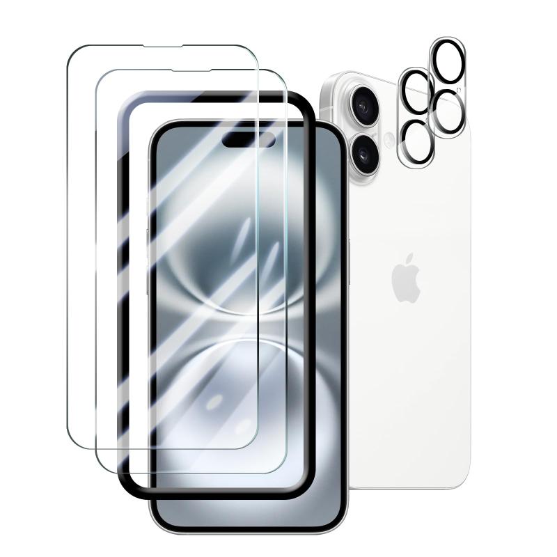 SUJASEN ガラスフィルム iPhone 16 Plus 用 強化ガラス 保護フィルム [2* フィルム + 2* レンズ保護フィルム+ 1*ガイド枠付き]強化ガラス 耐衝撃·硬度9H 指紋防止 飛散防止 高光沢 気泡なし 貼りやす[ケ...