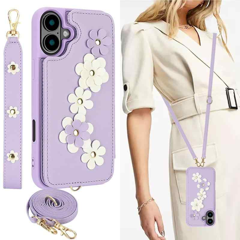 【WenziLior】 iPhone 17 用 ショルダーケース 斜めがけ 3in1 リストバンド ショルダーストラップ カード収納 花 スマホケース 適用