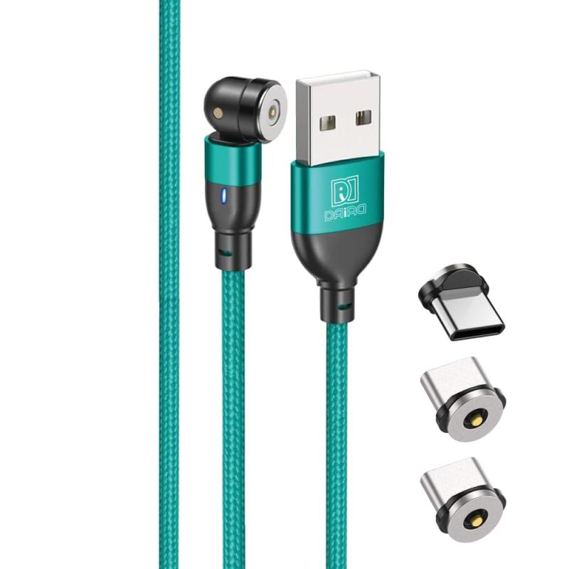 DAIAD USB A to Type-C マグネット式 充電ケーブル 1PIN 充電専用 着脱式 LED付き 防塵キャップ 首振り L字 360度回転 ナイロン編組 端子3個セット 1m【1PIN構造でセキュリティ強化】データ転送機能を排...