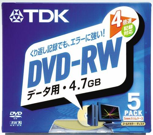 TDK DVD-RWデータ用 2-4倍速対応ゴールドレーベル5枚パック [DVD-RW47X5L]入数：5著作権保護：非対応規格：DVDメディア-RW / 容量(GB)：4種類：PC用 / 記録面：片面1層 / 4倍速盤面印刷：不可