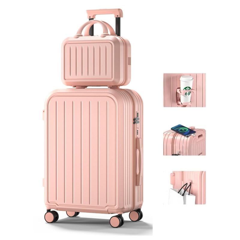 [WanderMore] スーツケース ミニケース付き キャリーケース 親子セット かわいい 化粧バック 軽量 Mサイズ キャリーバッグ ファスナータイプ おしゃれ レディース 機内持ち込み 可愛い 1泊3日用【PC+ABS素材 頑丈なボデ...