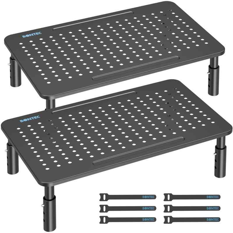 BONTEC モニタースタンドライザー コンピューターモニターライザースタンド メッシュプラットフォーム付き ノートパソコン コンピューター✅【高さ調整で姿勢改善】3段階（100mm／120mm／140mm）の高さ調節が可能な机上台設計で、...