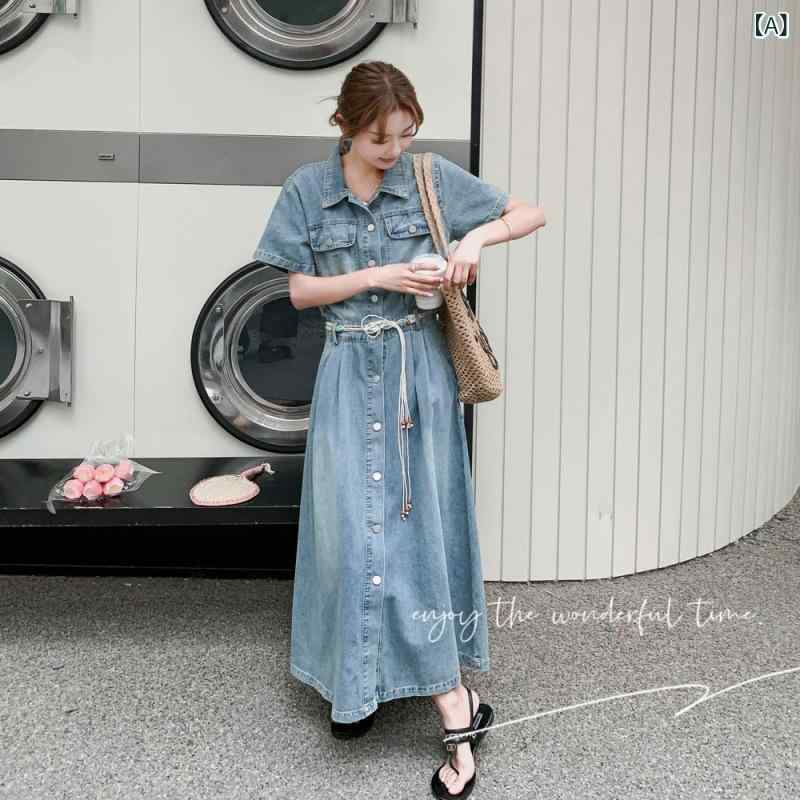 ・スタイル: 気質通勤・カテゴリ: 連衣裙・柄: 純色・スカート丈: 中長款・スカート型: A字裙・ネックライン: POLO領・袖丈: 短袖・ウエスト: 高腰・カラー展開: 牛仔藍・サイズ展開: S,M,L,XL・フィット: 寛松型・主な素...