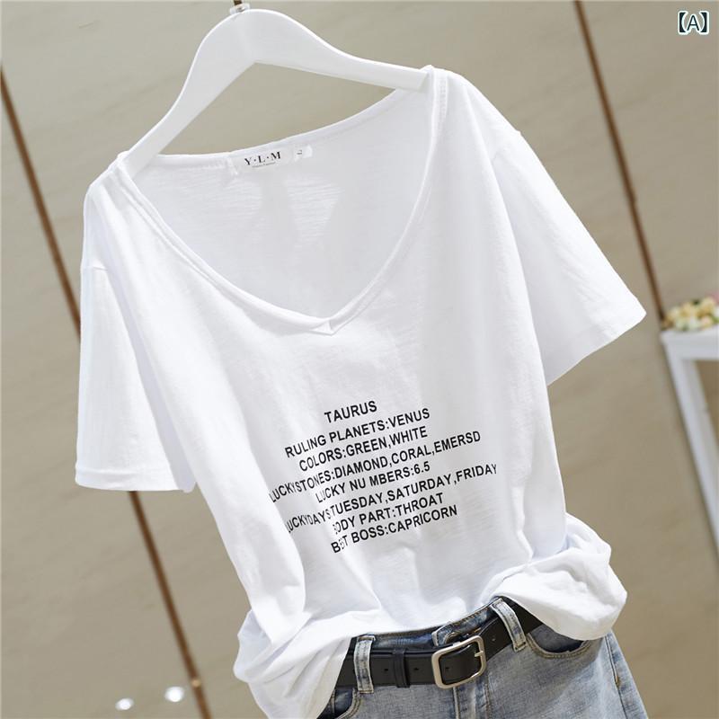 ・カテゴリ: Tシャツ・主な素材: 綿90-95%・柄: 字母/数字/文字・スタイル: 気質通勤・袖丈: 短袖・加工: 印花・版型: 宽松型・衣長: 普通款(50cm<衣長≤65cm)・ネックライン: V字領・袖型: 常规款・カラー展...