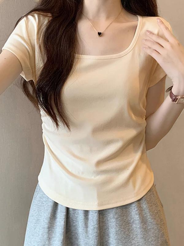 ・カテゴリ: Tシャツ・スタイル: 清新甜美・主な素材: 綿90-95%、氨纶30%以下・柄: 無地・袖丈: 短袖・袖型: 標準・版型: スリムフィット・衣長: 短め・ネックライン: Uネック・流行要素: プリーツ・カラー展開: 白灰、黒、...