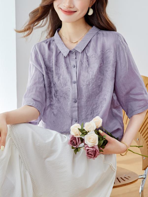 ・カテゴリ: シャツ・柄: 植物花卉・スタイル: 気質通勤・主な素材: 苎麻95%以上・袖丈: 五分袖・袖型: 通常袖・工艺: 刺绣・版型: ゆったり・衣長: 普通(50-65cm)・ネックライン: 方領・流行要素: ボタン・カラー展開: ...