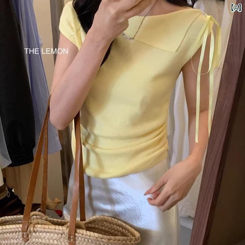 ・カテゴリ: 毛衣・主な素材: 粘胶纤维・柄: 純色・厚み: 常规・スタイル: 韓式風、日韓休闲、快適休闲・着用方法: 套頭・フィット感: 修身型・袖丈: 三分袖・ネックライン: 斜領・衣丈: 短款・加工: 免烫処理・カラー展開: 黄色、粉...