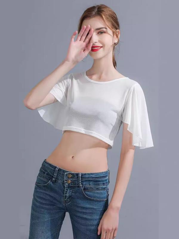 ・カテゴリ: Tシャツ・スタイル: 清新甜美・主な素材: 锦纶95%以上・袖丈: 三分袖・衣丈: 超短款(≤40cm)・ネックライン: クルーネック・袖型: 蝙蝠袖・柄: 簡約・カラー展開: 黒色,白色・サイズ展開: 小码,大码