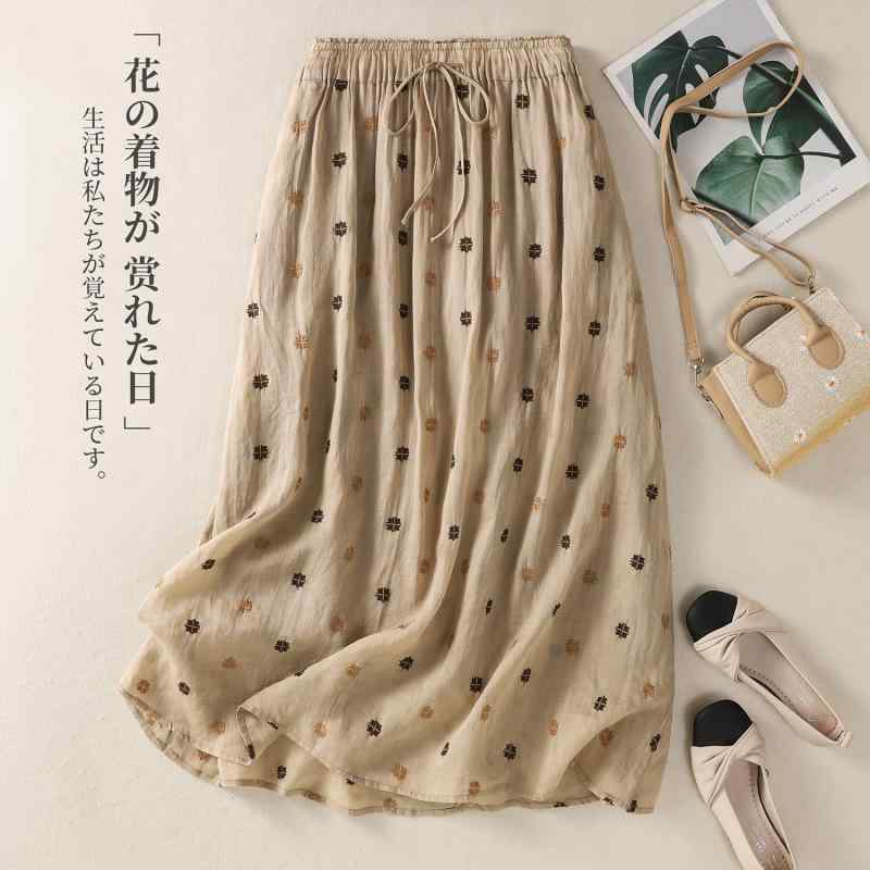 ロングスカート レディース ハイウエスト リネン 刺繍 Aライン フレア 膝下丈 ミモレ丈 裏地付き 紐付き ゆったり 体型カバー ナチュラル ヴィンテージ風 レトロ きれいめ カジュアル 春夏・柄: 幾何学模様・加工: 刺繍・素材: 綿麻...
