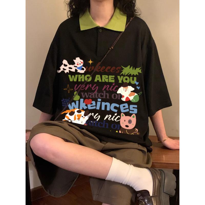 ・カテゴリ: Tシャツ・スタイル: 学院風、清新甜美、快適休闲・主な素材: 綿95%以上、氨纶30%以下・柄: 动漫卡通、印花・袖丈: 短袖・フィット: 宽松型・着丈: 中長款(65cm<着丈≤80cm)・ネックライン: POLO領・...