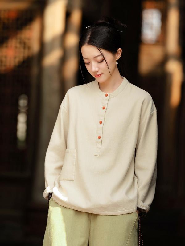 ・カテゴリ: Tシャツ・スタイル: 文艺复古・主な素材: 苎麻70-80%、綿30%以下・柄: 純色・デザイン: セットインスリーブ・袖丈: 長袖・加工: ストーンウォッシュ・フィット: ルーズフィット・着丈: 普通・ネックライン: スタン...