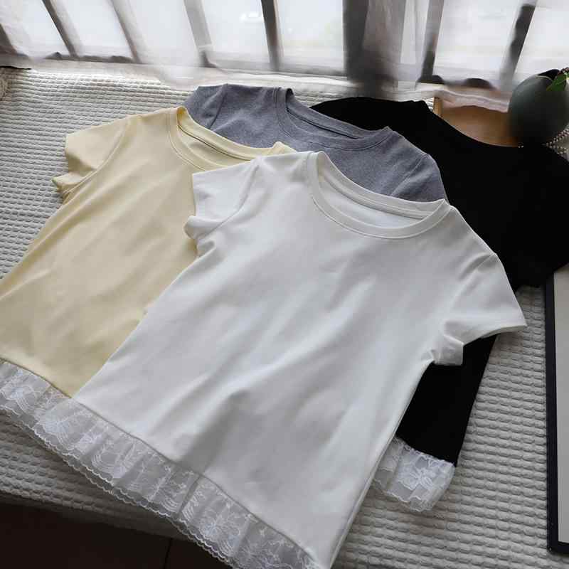 ・カテゴリ: Tシャツ・スタイル: 清新・主な素材: 綿80-90%、氨纶30%以下・柄: 拼色・袖丈: 短袖・衣長: 普通(50-65cm)・ネックライン: 圆领・袖型: 常规・流行要素: 蕾丝・カラー展開: 淡黄色、花灰、白色、黒色・サ...