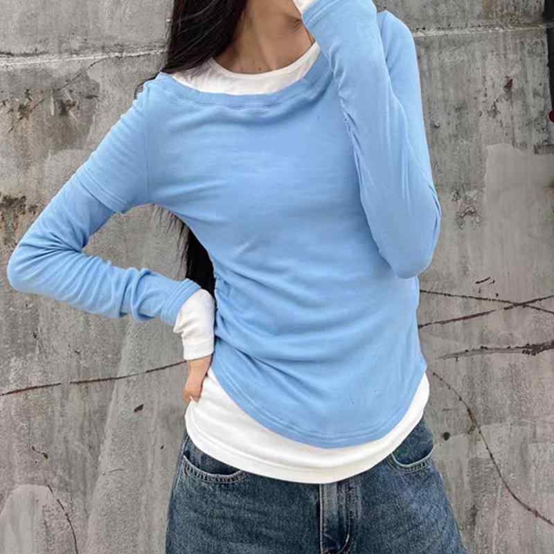 ・カテゴリ: Tシャツ・スタイル: 清新甜美・柄: 拼色・袖丈: 長袖・版型: 修身型・衣長: 普通款・ネックライン: 圆领・袖型: 常规袖・流行要素: 拼接・カラー展開: 黒色、杏色、深灰色、浅藍色、咖啡色・サイズ展開: S、M、L