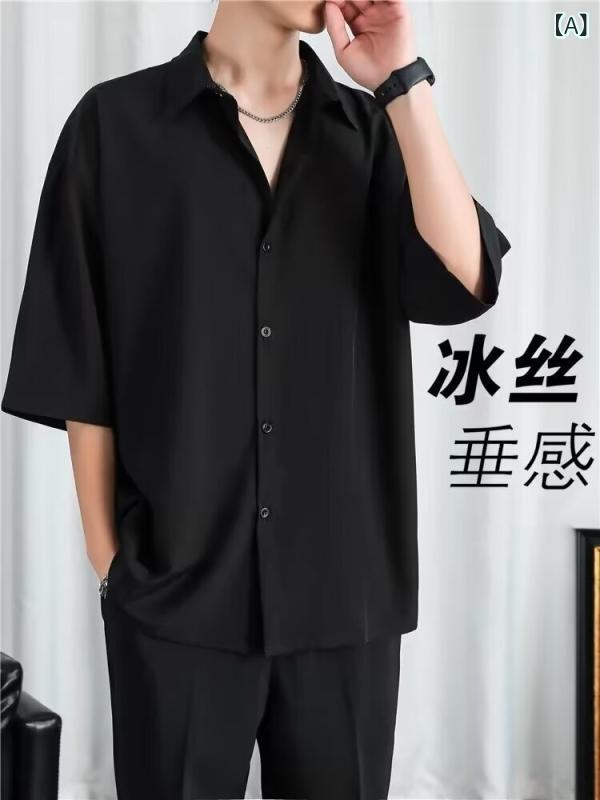 ・カテゴリ: シャツ・スタイル: 軽熟カジュアル・主な素材: ポリエステル96%以上・袖丈: 五分袖・柄: 無地・厚み: 薄手・カラー展開: ブラック、ホワイト、グレー・サイズ展開: S、M、L、XL、2XL、3XL、4XL・詳細: ポケット付き