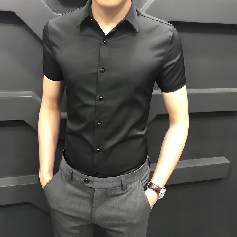 ・スタイル: 韓版・カテゴリ: シャツ・款式: 開衫・版型: スリムフィット・領型: スタンドカラー・袖丈: 半袖・柄: 無地・厚み: 普通・主な素材: ポリエステル96%以上・素材機能: ノーアイロン・機能: ノーアイロン加工・対象: 青...