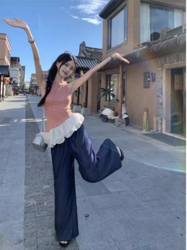 ・スタイル: 度假風・スタイルタイプ: 私服名媛・フィット: 修身型・ネックライン: セットネック・柄: 格子・人気要素: メッシュ・主な素材: ポリエステル・主素材成分: ポリエステル90-95%・カラー展開: 橘粉格子、青格子・サイズ展...