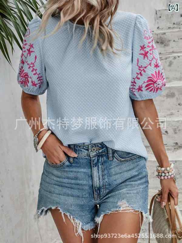 ・カテゴリ: シャツ・スタイル: 気質通勤・主な素材: ポリエステル95%以上・柄: 植物花卉・袖丈: 短袖・加工: 刺繍・フィット: ルーズ・衣丈: 普通・ネックライン: クルーネック・袖型: ボリュームスリーブ・流行要素: コントラスト...