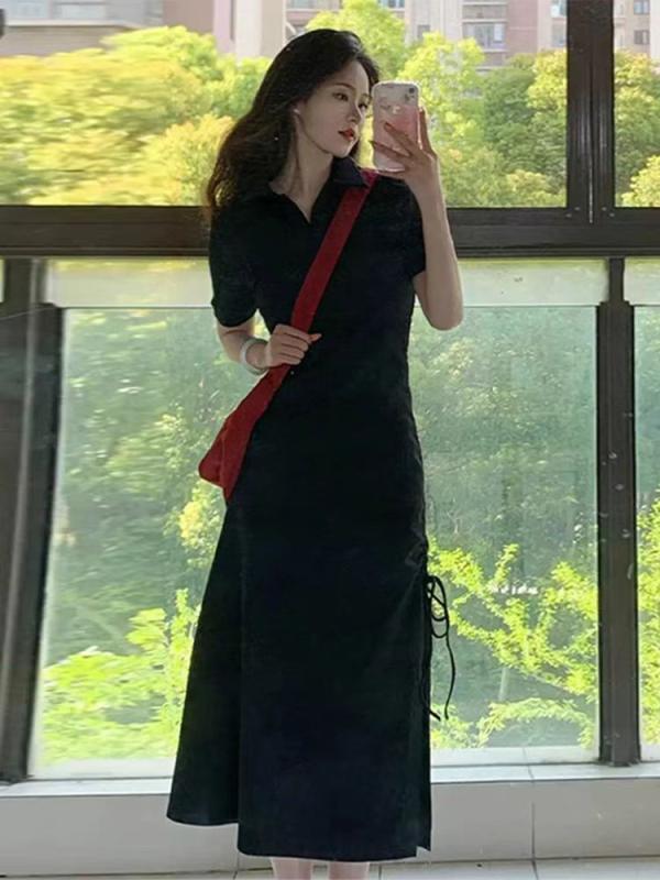 ・カテゴリ: 連衣裙・スタイル: 通勤風・主な素材: ポリエステル・柄: 単色・スカート丈: ロング・スカート型: Aライン・ネックライン: ポロ・袖丈: 短袖・ウエスト: ハイウエスト・カラー展開: ブラック・サイズ展開: S,M,L,XL