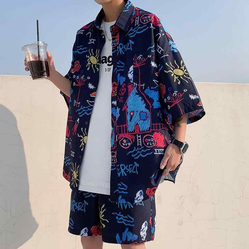 ・スタイル: 港風・厚み: 普通・パンツ丈: 短パン・トップスデザイン: シャツ・袖丈: 半袖・フード: なし・素材名: 綿混紡・主素材: ポリエステル65%・使用シーン: スポーツ・カテゴリ: メンズカジュアルセット・カラー展開: 赤、白...