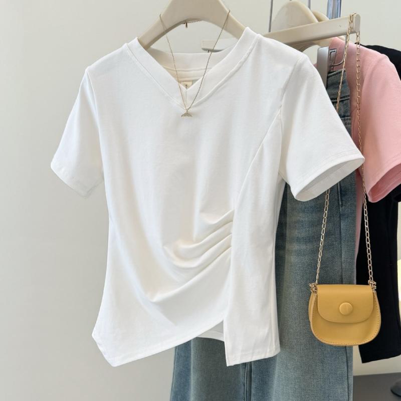 ・カテゴリ: Tシャツ・スタイル: 修身・主な素材: 粘膠繊維・柄: 無地・袖丈: 短袖・ネックライン: Vネック・流行要素: プリーツ・カラー展開: ホワイト、ブラック、ピンク・サイズ展開: S、M、L、XL