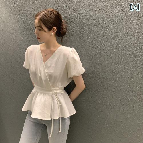 ・カテゴリ: シャツ・スタイル: 日韓カジュアル、シンプル通勤風・主な素材: ポリエステル100%・柄: 無地・カラー展開: ホワイト、ブルー、カーキ・サイズ展開: S、M、L、XL・袖丈: 短袖・ネックライン: Vネック・フィット: スリ...