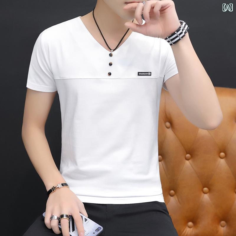 ・カテゴリ: Tシャツ・スタイル: 修身型・主な素材: 綿95%・袖丈: 短袖・柄: 純色・カラー展開: 白色、深灰色、浅粉色、湖藍色・サイズ展開: M、L、XL、XXL、3XL、4XL・ネックライン: V字領・詳細: 貼布装饰・柄: 几何...