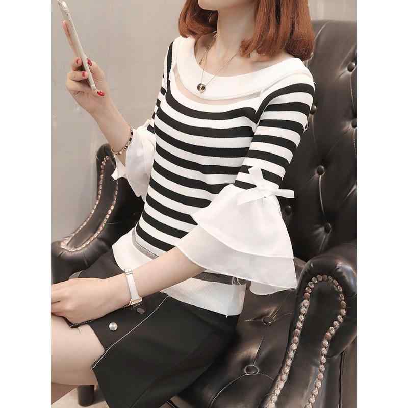 ・カテゴリ: Tシャツ・スタイル: 韓系風・主な素材: 粘膠繊維95%以上・柄: 条紋・スタイル: セットアップ・袖丈: 七分袖・加工: ピース/スプライス・フィット: ストレート・ネックライン: ボートネック・袖型: フレアスリーブ・カラ...