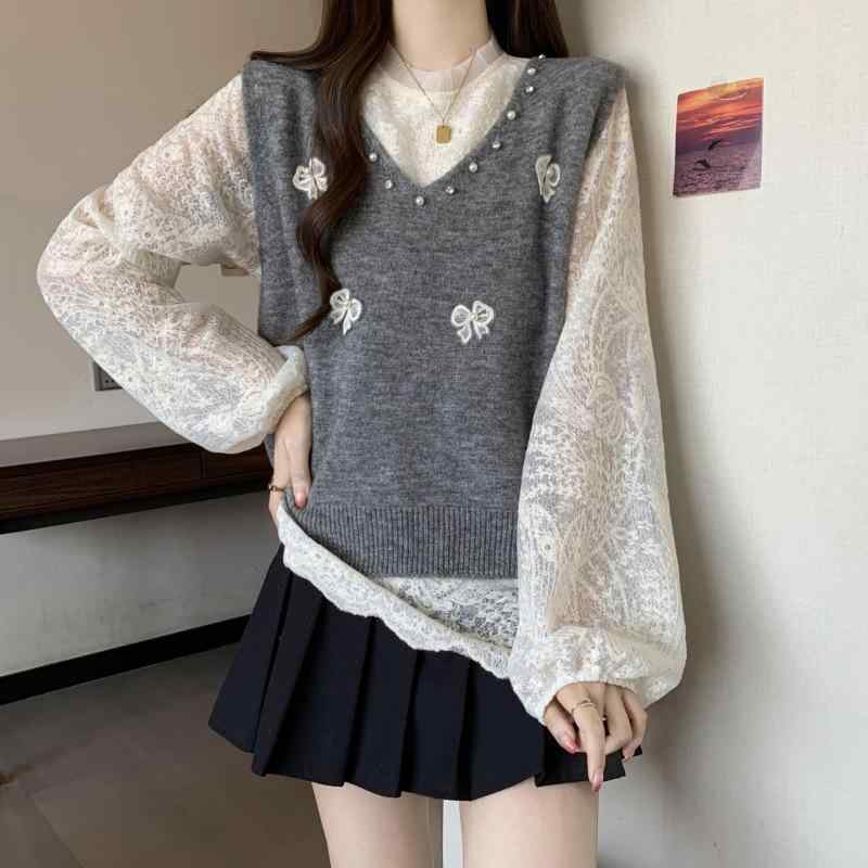 ・カテゴリ: 馬甲・柄: 無地・流行要素: リボン・工艺: 刺繍・素材: レース・主な素材: ポリエステル・カラー展開: グレー、ブルー、ホワイト・サイズ展開: 均一サイズ・スタイル: 爽やか甘め、優しい風・セットスタイル: 上衣セット・対...