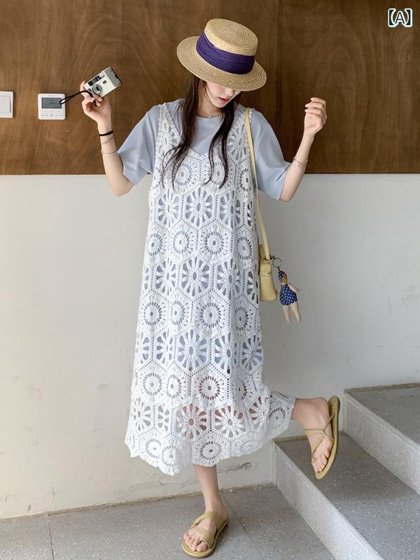・カテゴリ: 連衣裙・スタイル: 甜美風・主な素材: 綿・柄: 镂空・組み合わせ: 兩件套・スカート丈: 長裙・スカートタイプ: 背帯裙・ネックライン: 圓領・袖タイプ: 常規・袖丈: 短袖・ウエスト位置: 中腰・流行要素: 純色、拼接・カ...