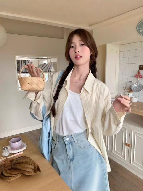 ・カテゴリ: シャツ・スタイル: 韓国風カジュアル・主な素材: ポリエステル95%以上、他5%未満・柄: 無地・袖丈: 長袖・加工: プリーツ加工・フィット: ルーズフィット・着丈: 中長丈(65cm超80cm以下)・ネックライン: シャツ...