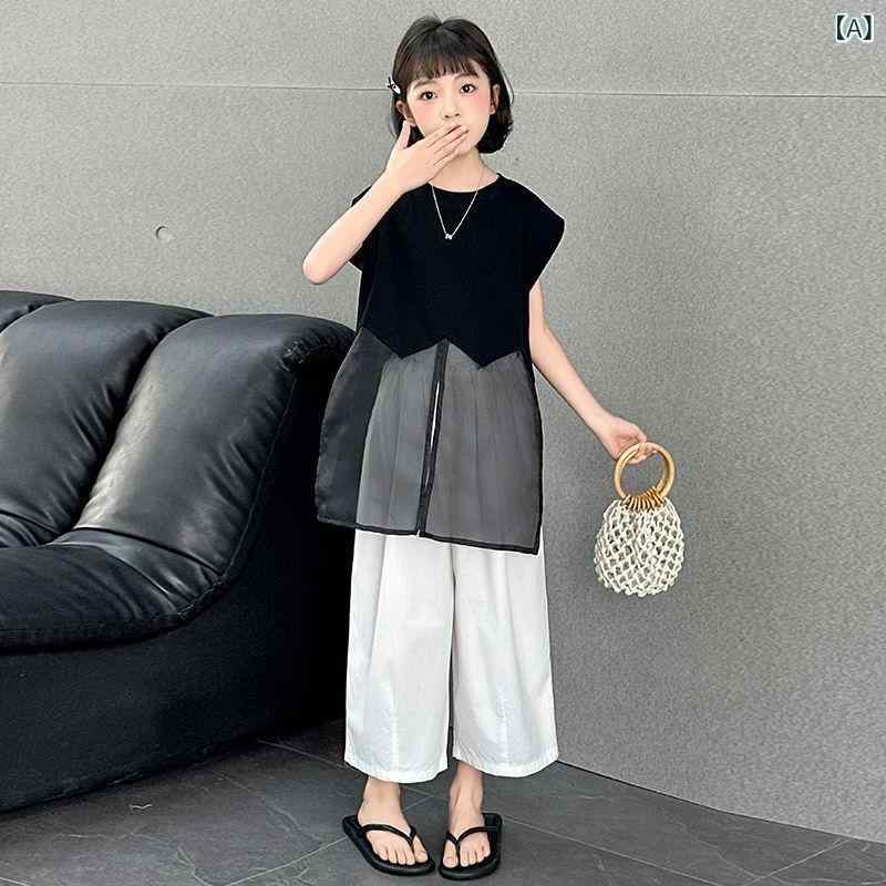 ・カテゴリ: 童セット・スタイル: 韓国風・セット内容: トップス+パンツ・袖丈: ノースリーブ・パンツ丈: ロング・厚み: 薄手・柄: 無地・要素: セット、網纱・閉じ方: プルオーバー・カラー展開: ブラック・対象年齢: 中大童(8歳以...