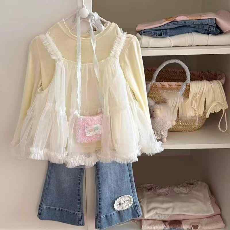 ・対象: 女児・スタイル: 韓国風・カテゴリ: 子供服・セット内容: 三点セット・袖丈: 長袖・パンツ丈: ロング・加工: 柔軟加工・厚み: 普通・柄: 無地・要素: セット、レース、フリル、チュール・素材: デニム・主素材: 綿60%・デ...