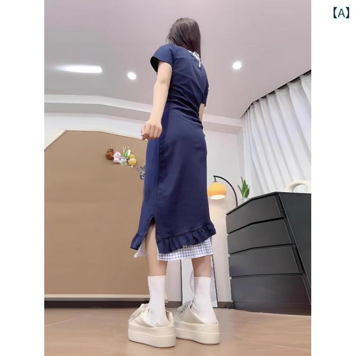 ・スタイル: 文艺复古・カラー展開: ブルー、杏色・サイズ展開: S、M、L、XL、2XL・袖丈: 短袖・ネックライン: ラウンドネック・スカート丈: ミディアムロング・スカートタイプ: Aライン・スタイル: 中国風・カテゴリ: ワンピース...