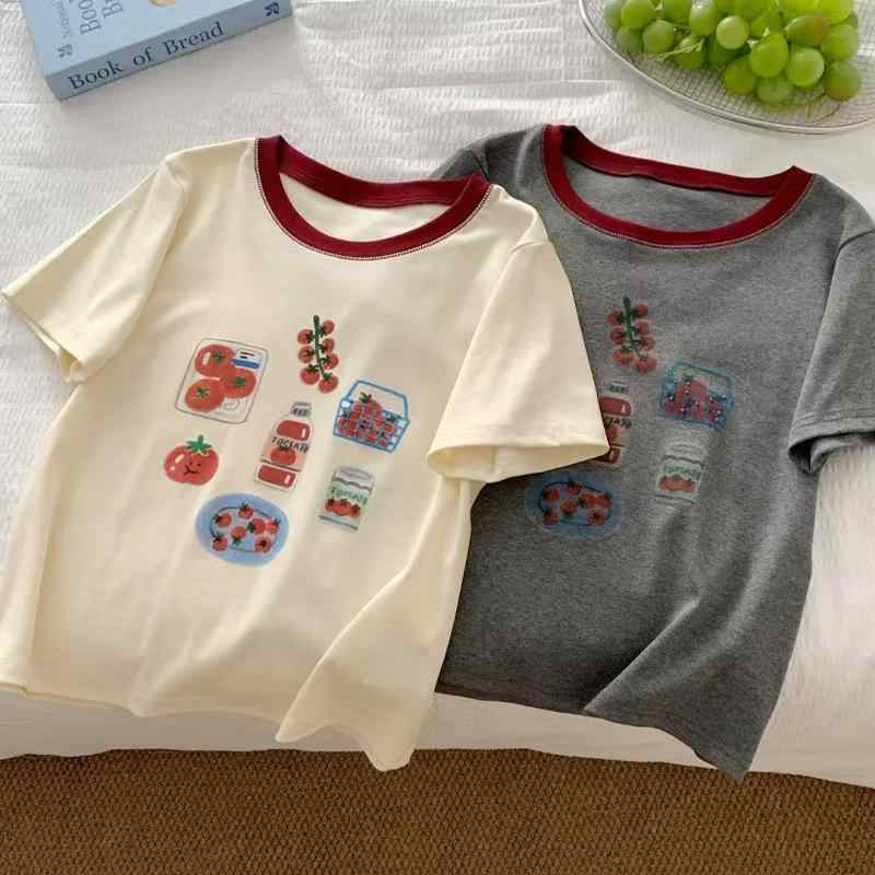 ・カテゴリ: Tシャツ・主な素材: 綿・袖丈: 短袖・スタイル: 気質优雅・ネックライン: クルーネック・柄: プリント・カラー展開: 白色、灰色・サイズ展開: M、L・衣長: 短款(40cm<衣長≤50cm)・版型: A字型